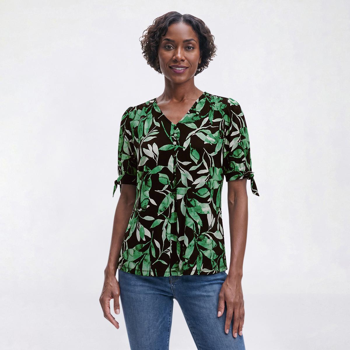 Click here for Petite AK Anne Klein Short Tie Sleeve V Neck Leaf... prices